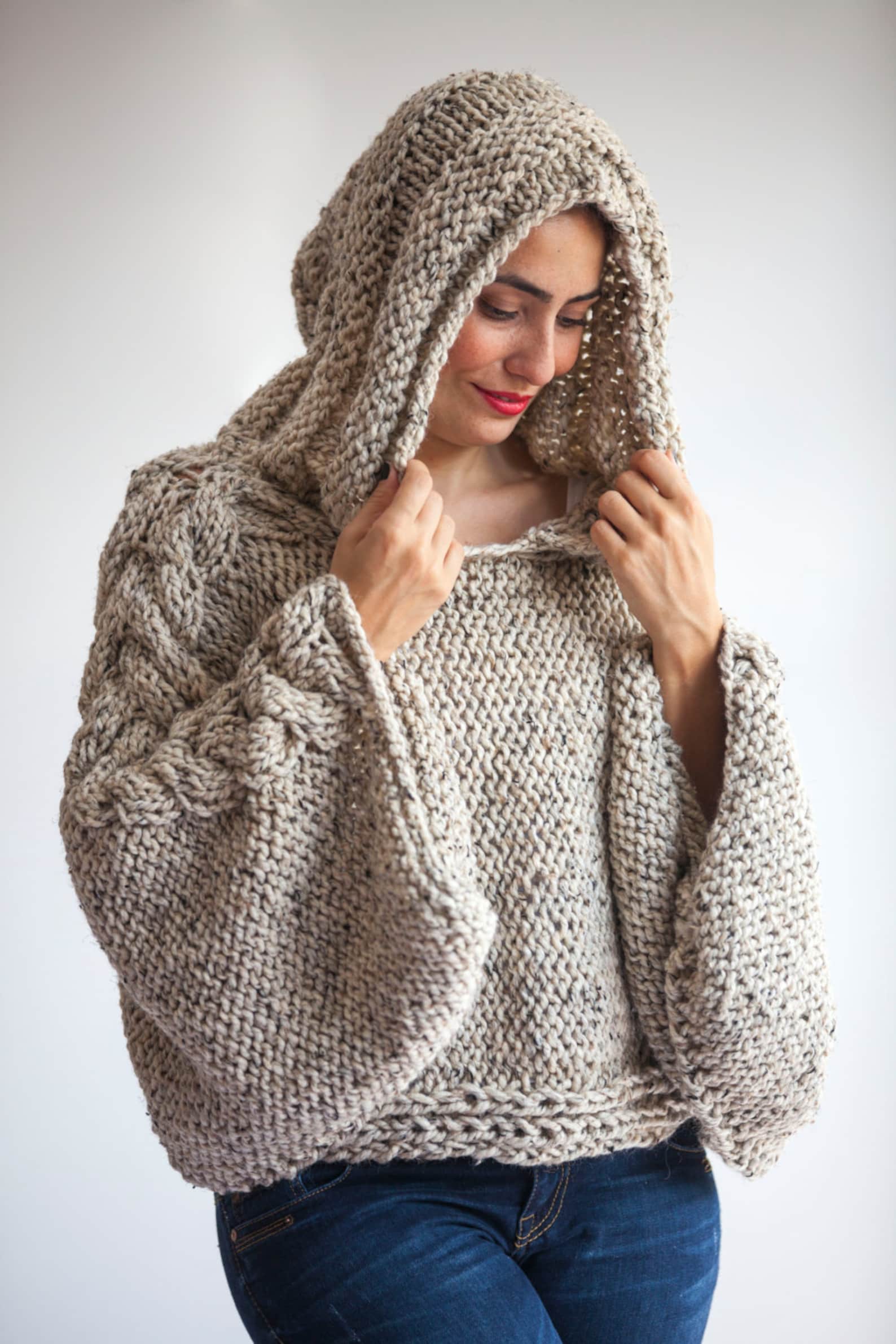 Tweed Beige Angel Sweater Capalet With Hoodie - Over Size Plus Size ...