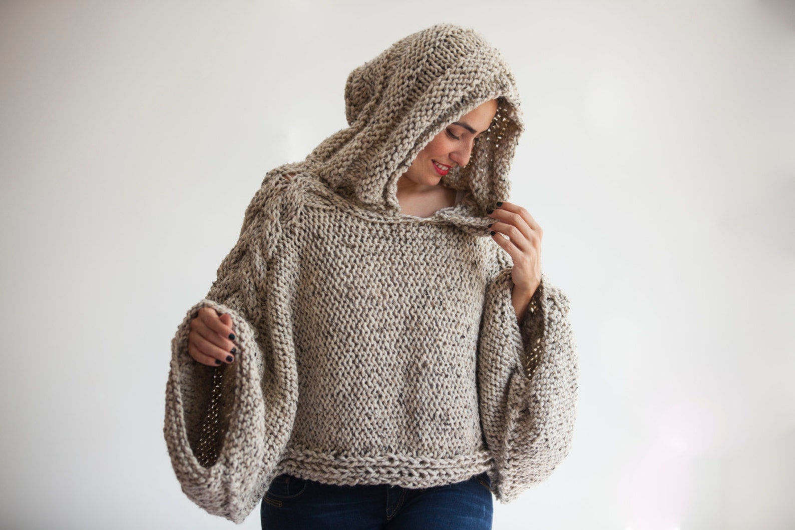 Tweed Beige Angel Sweater Capalet With Hoodie - Over Size Plus Size ...
