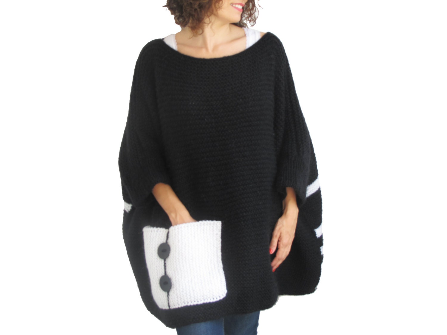 Plus Size - Over Size Sweater Black - White Hand Knitted Sweater With ...