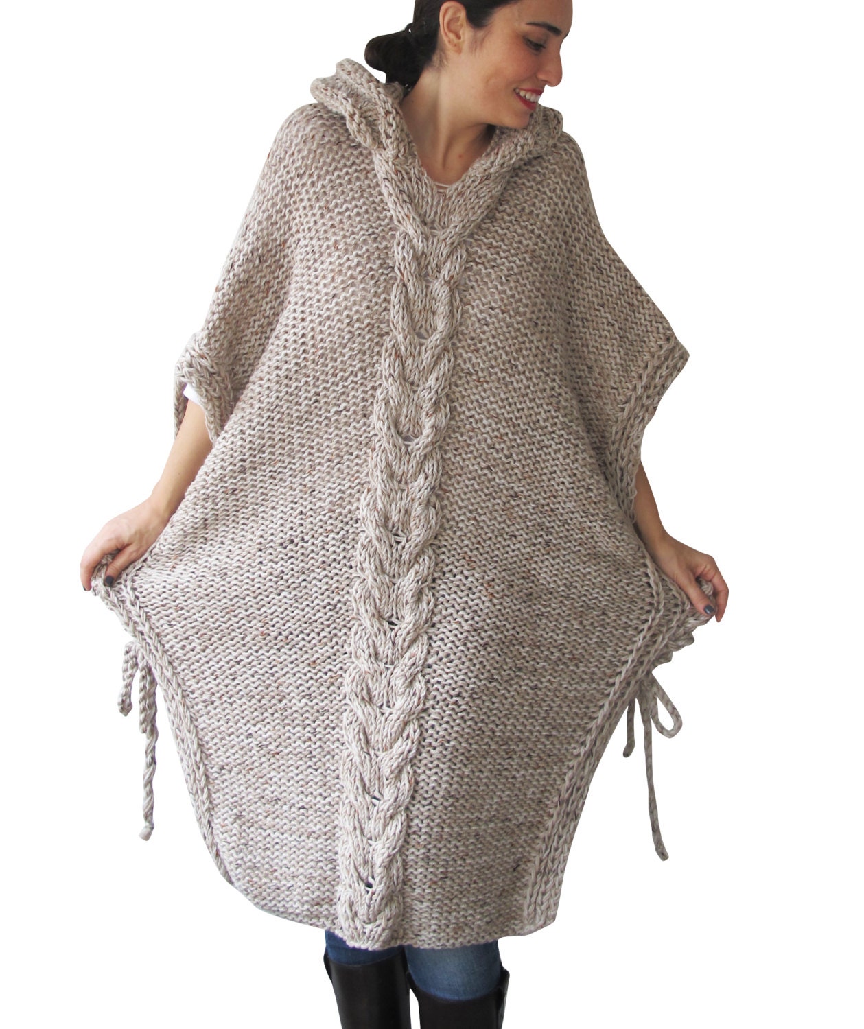 Plus Size Maxi Knitting Poncho With Hoodie - Over Size Tweed Beige ...