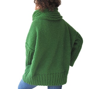 Green Hand Knitted Sweater With Accordion Hood and Pocket Plus Size ...