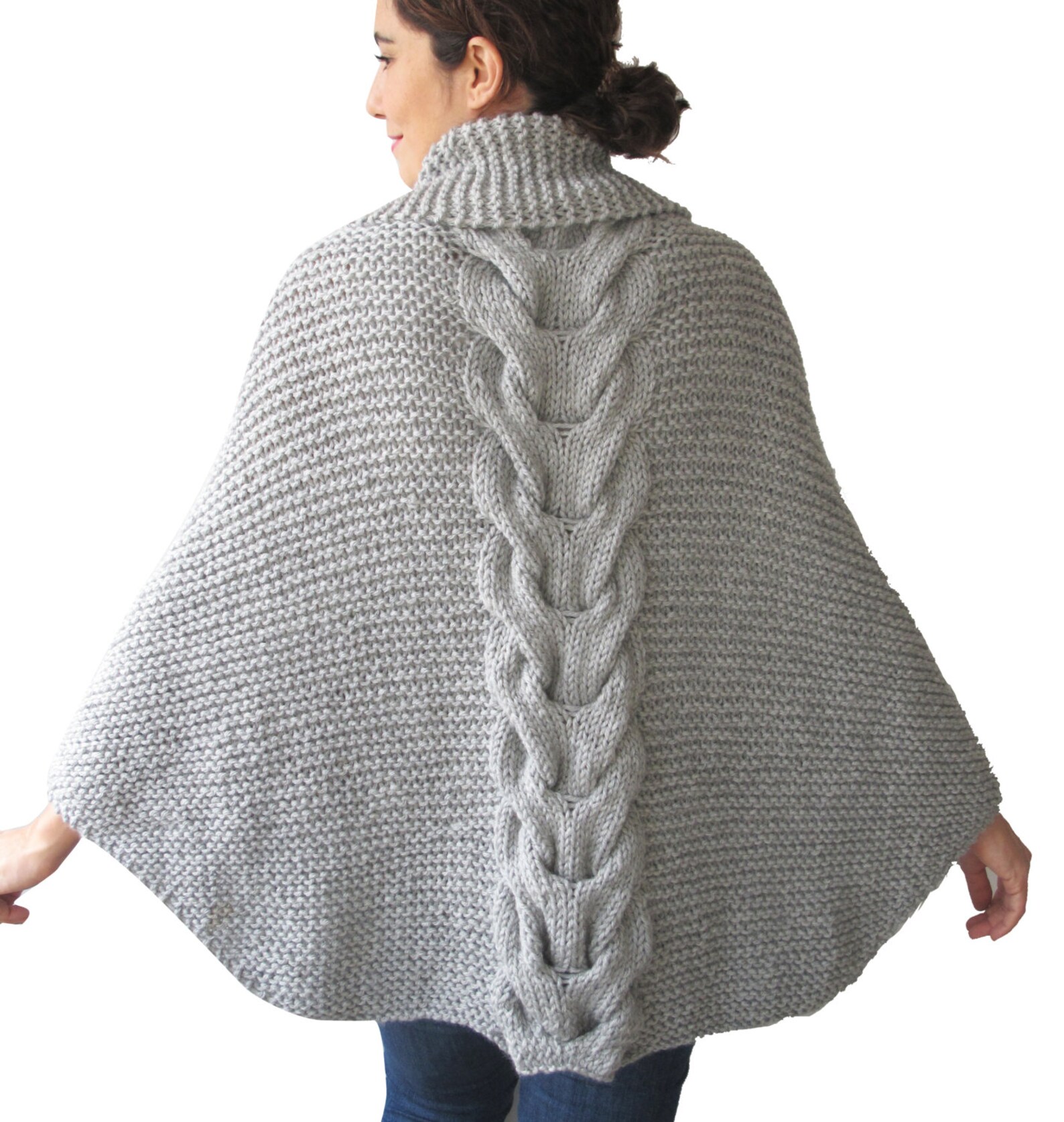 Plus Size Hand Knitted Silver Grey Poncho With Leather Rope by Afra - Etsy