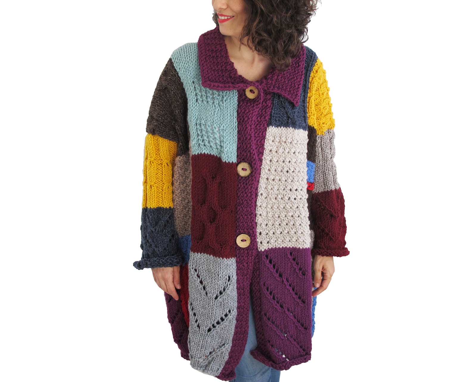 Patchwork Cardigan Hand Knit Cardigan Wool Woman Cardigan - Etsy