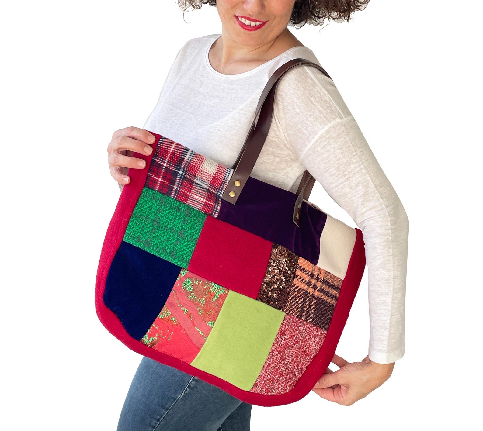 Patchwork Bag, Sewing Bag, Handmade, Leather Stripe, Japanese Patchwork ...