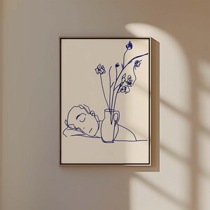 Blue Line Sleeping Figure Floral Print, Modern Home Decor (digital ...