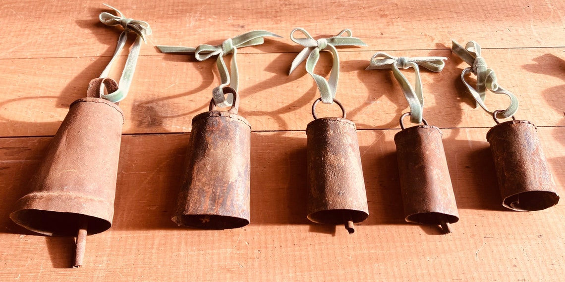 Vintage Cowbells, Large, Green Velvet Ribbon, Bell Ornaments, Set of ...