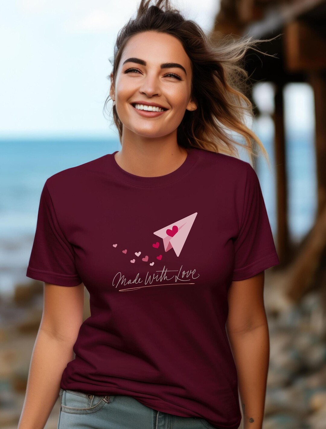 Heart Day Made With Love Paper Airplane Tee Cute T-shirt Valentine's ...