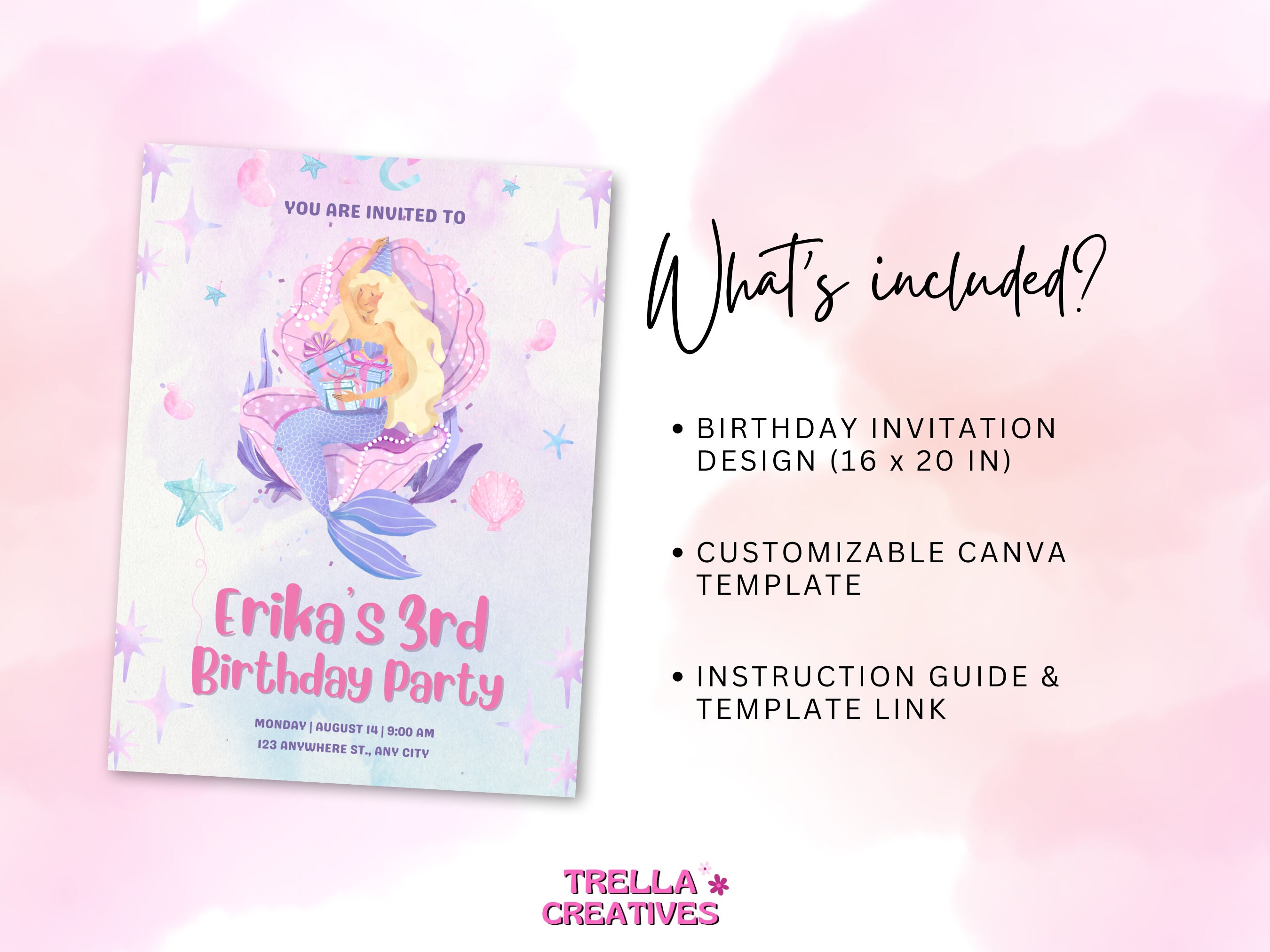 Editable Mermaid Birthday Invitation, Canva Template (printable) - Etsy