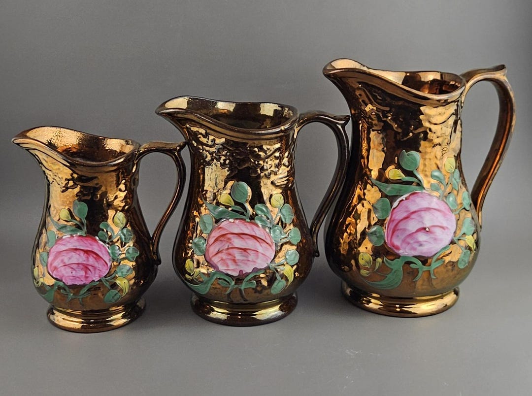 Copper Lustreware Art Pitcher Jugs. British Earthenware, Set of 3 ...