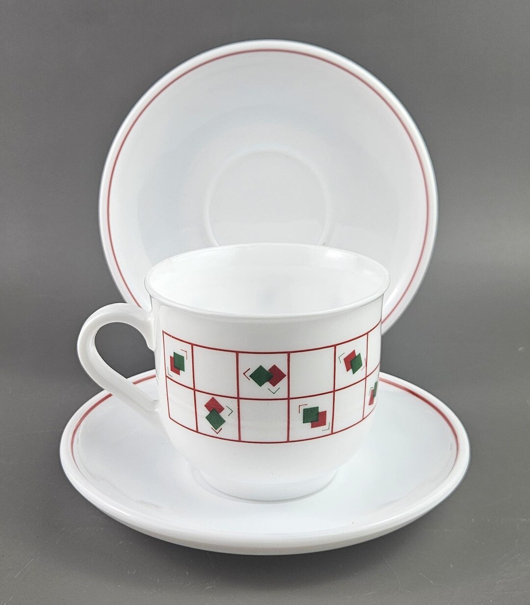 Arcopal Milk Glass Teacup and 2 Saucers. Red and Green Geometric ...