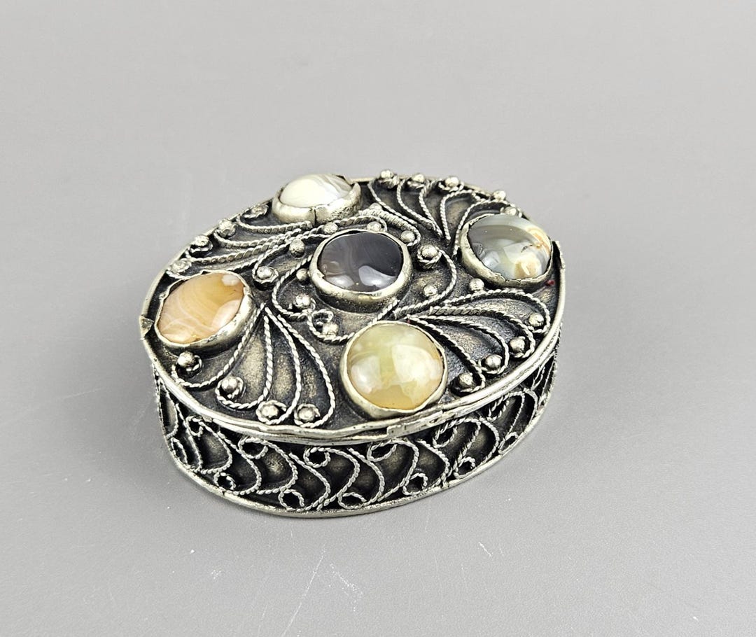 Gemstone Filigree Box, Encrusted Marble Box. Trinket Box, Pill Box ...