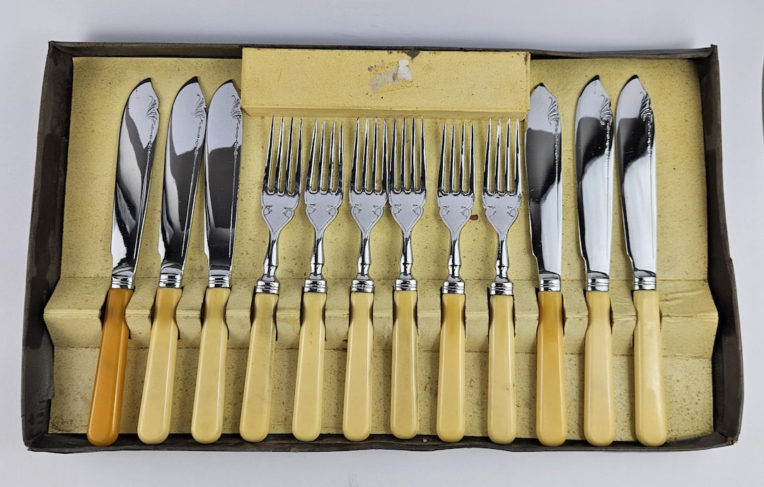 Vintage Set of Fish Knives and Forks, Chrome-plated With Faux Bone ...