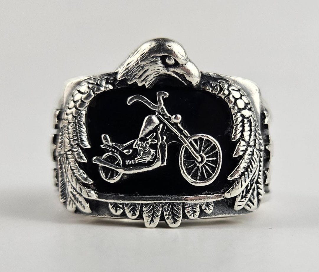 Vintage Sterling Silver Motorcycle Ring, Eagle Black Onyx Stone (size ...