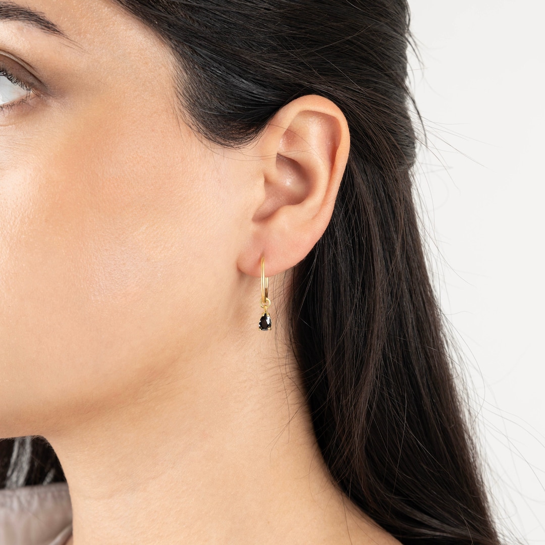 14k Gold Onyx Hoop Earrings, Black Onyx Gemstone Huggie Hoop Earrings ...