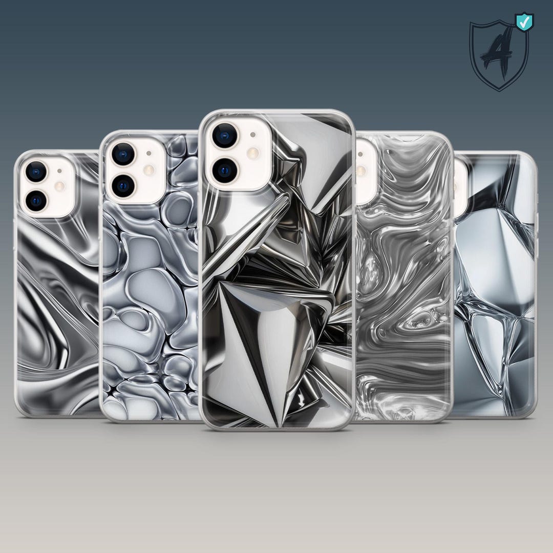 Metallic Phone Case Chrome Aesthetic Silver Cover for iPhone 16, 15, 14 ...