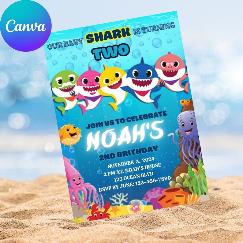 Editable Baby Shark Birthday Invitation, Kids Party Invite, Canva ...