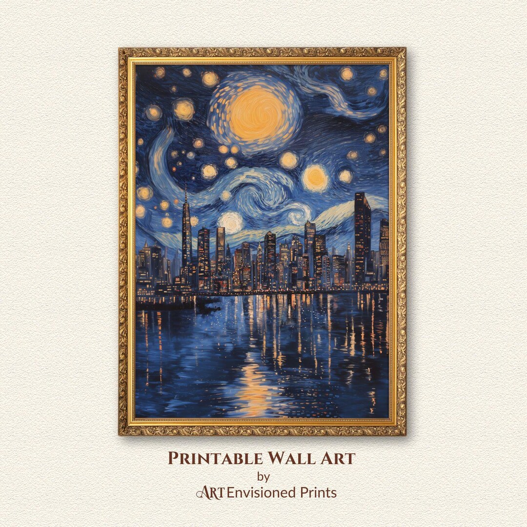 Starry Night Cityscape Printable, Van Gogh Inspired Digital Wall Art ...