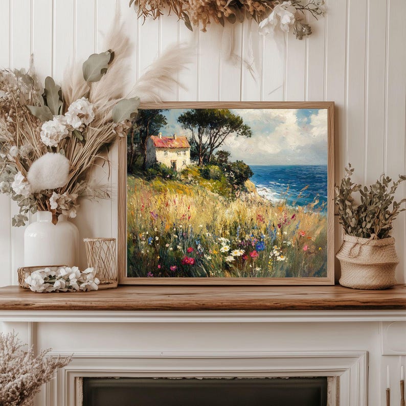 Printable Wildflower Landscape Oil Painting, Vintage Farm House Print ...