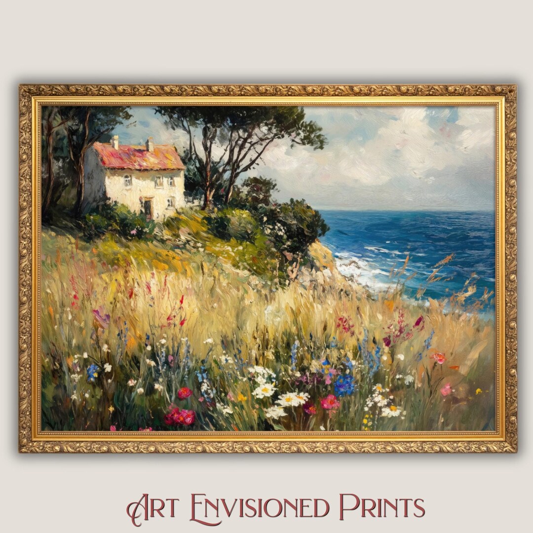 Printable Wildflower Landscape Oil Painting, Vintage Farm House Print ...