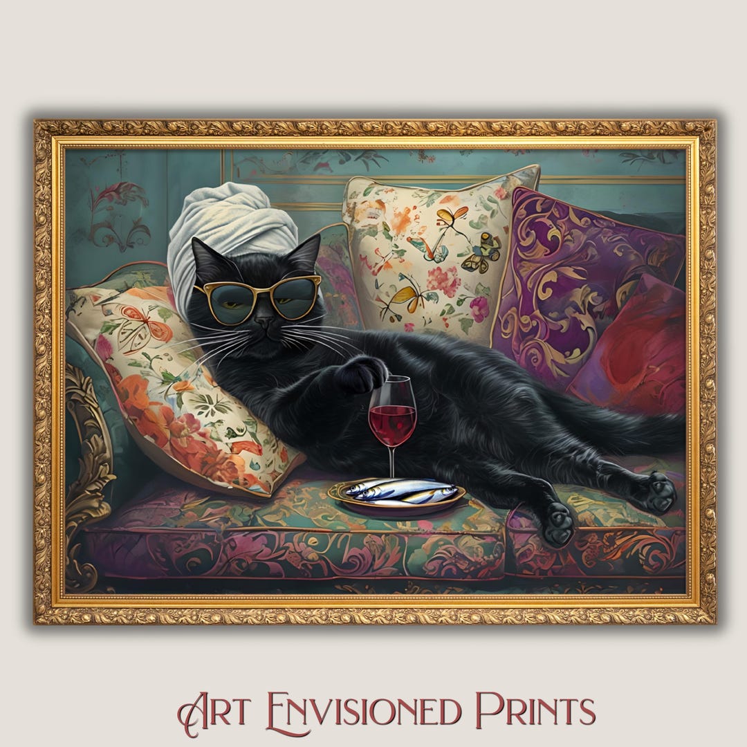 Black Cat Art, Glam Wall Art Printable, Whimsical Animal Decor, Diva ...