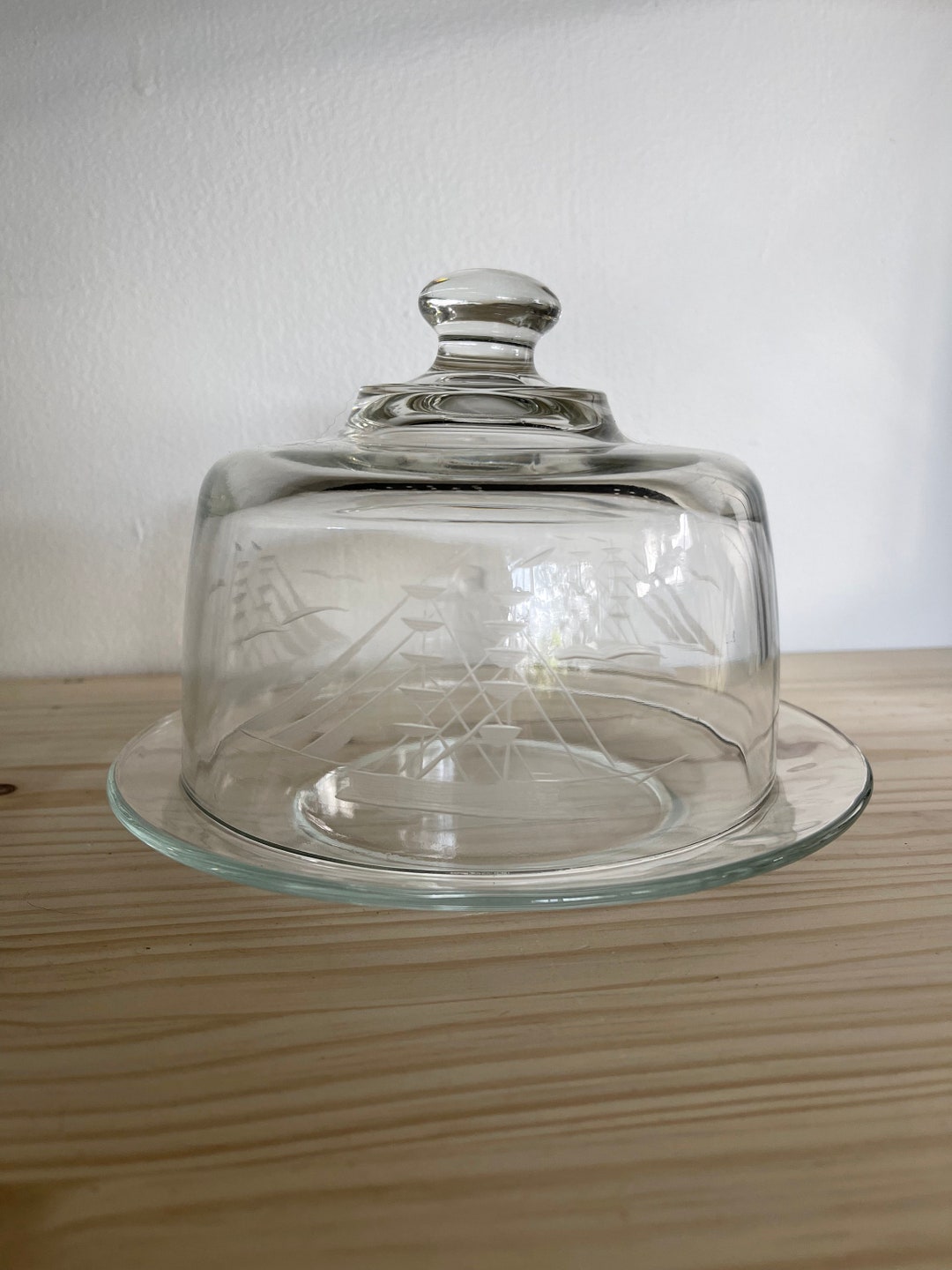 Etched Glass Cheese Dome Cloche Dessert Plate With Cover Seafood Server ...