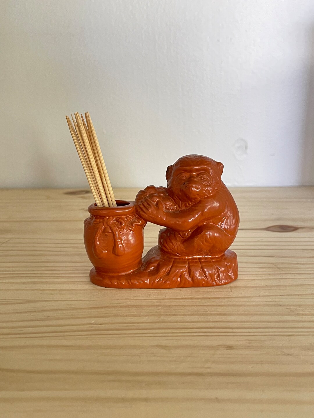 Toothpick Holder Vintage Ceramic Burnt Orange Monkey at Pot Mini Vase ...