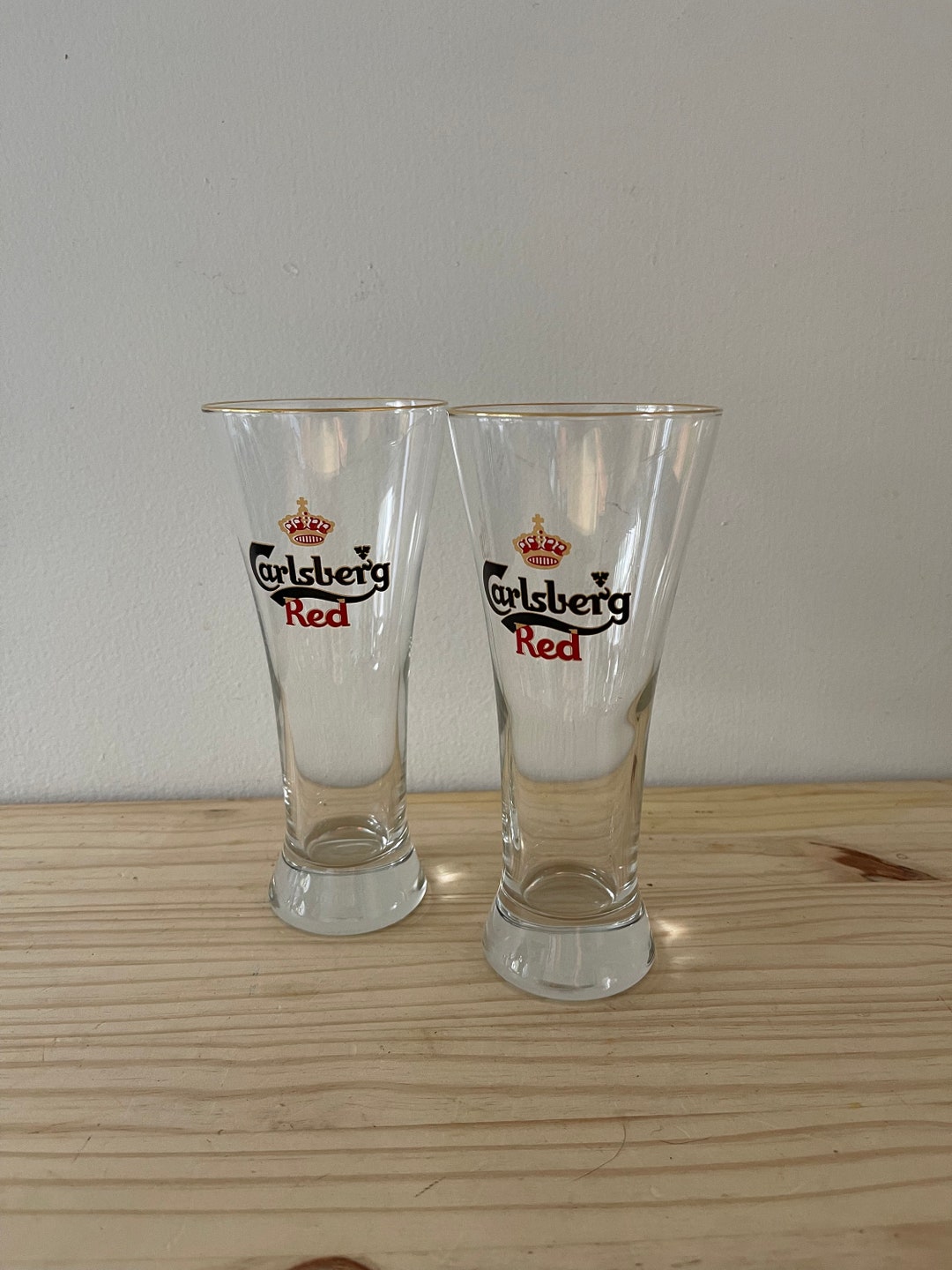Carlsberg Red Beer Half Ping Glasses Set of Two Barware Breweriana Gold ...