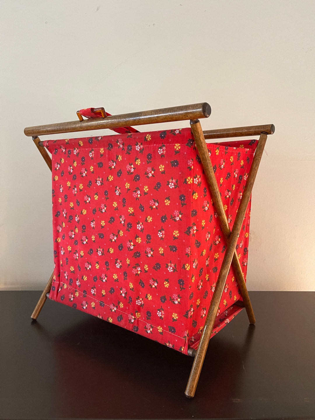 Vintage Folding Knitting Basket Project Caddy Wood Frame Mid - Etsy