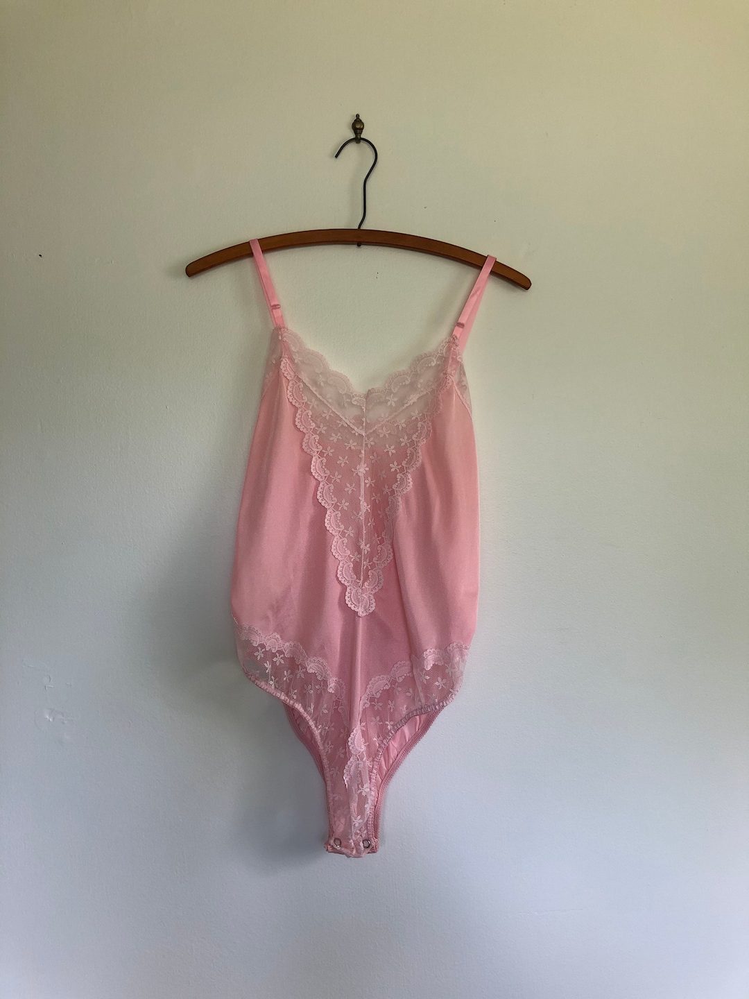 Vintage Pink Satin and Lace Negligee Small or XS Romper Onesie Bodysuit ...