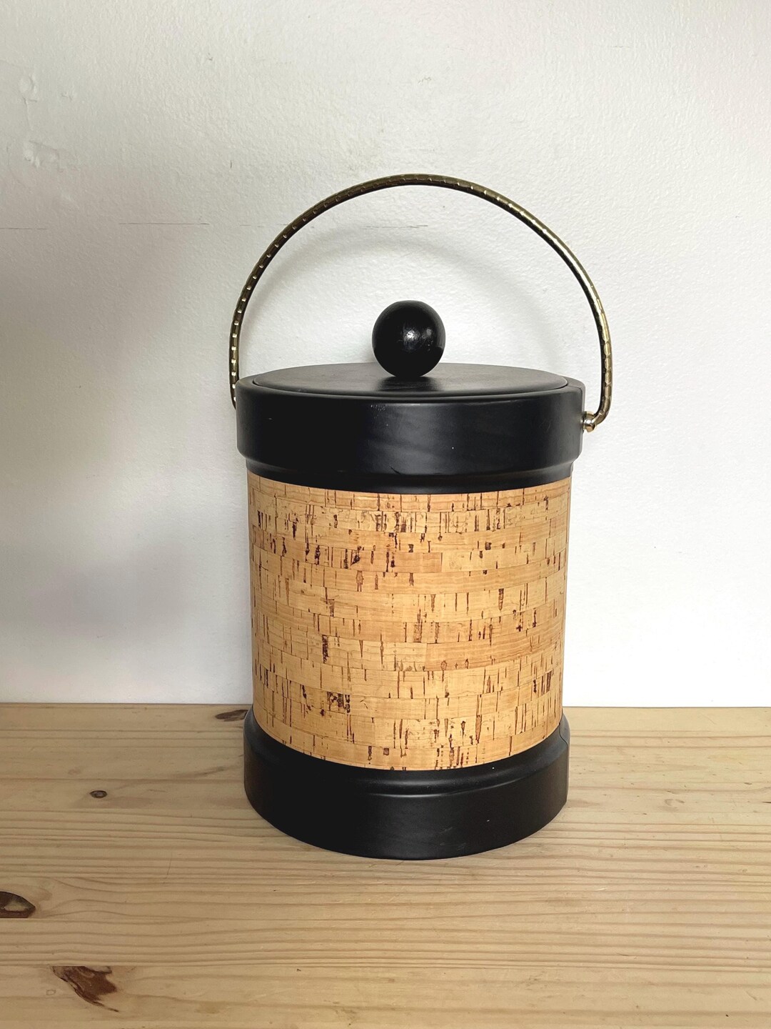 Mid Century Cork Ice Bucket: Twisted Gold Handle, Black Vinyl Barware ...