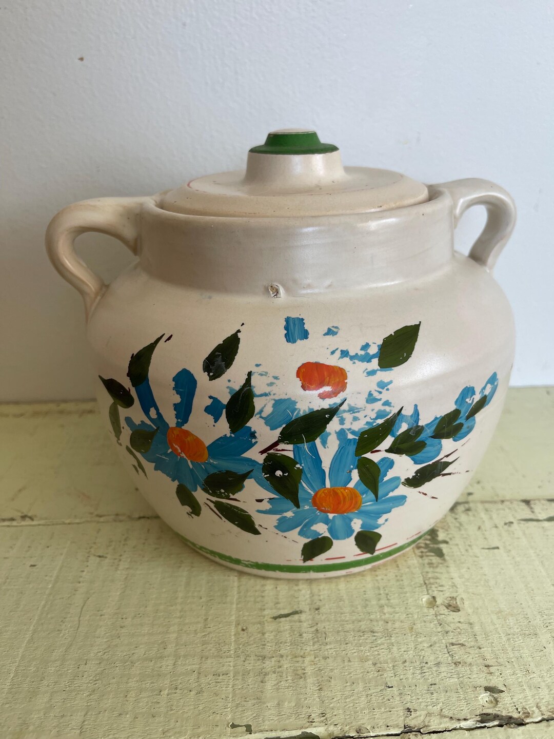 Antique Crock Cookie Jar or Bean Pot Creamy off White Glaze With Hand ...