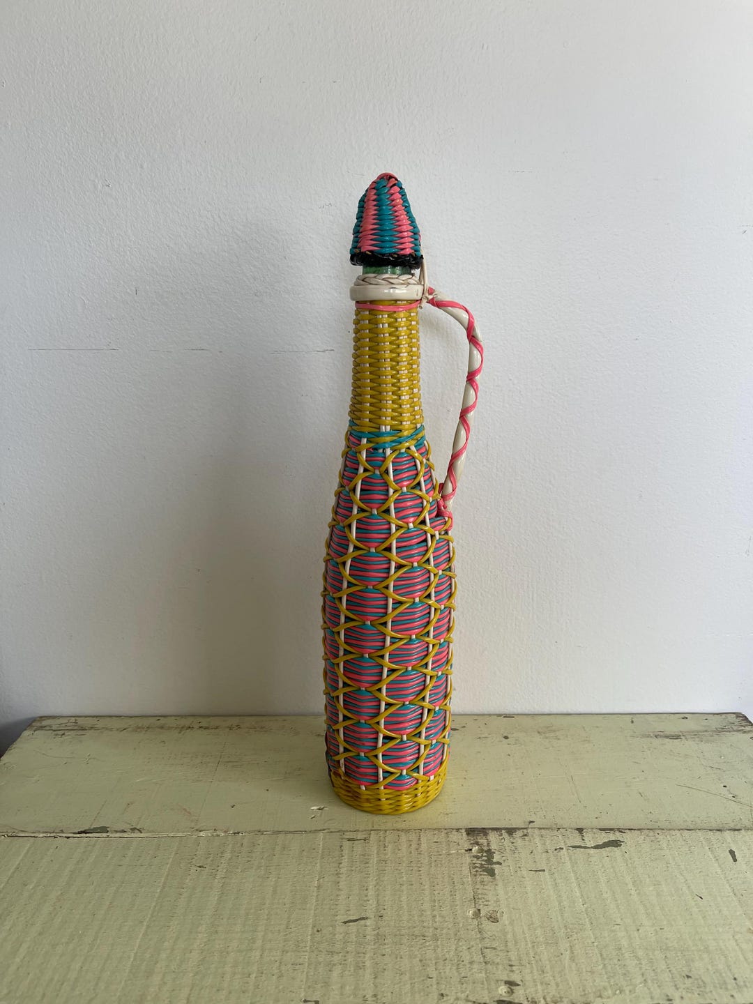 1960s Scoubidou Bottle: Macrame Cord Wrapped Glass Carafe, Pink Yellow ...
