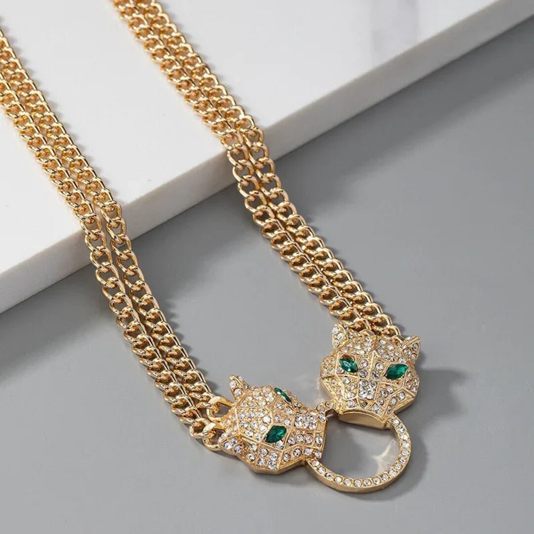 Double Chains Lion Head Necklace Gold Panther Zircon Chain Necklace - Etsy