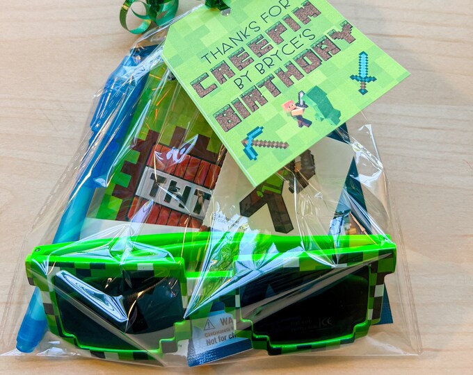Minecraft Birthday Party Goody Bag Favor With Pixel Sunglasses, Tattoos ...