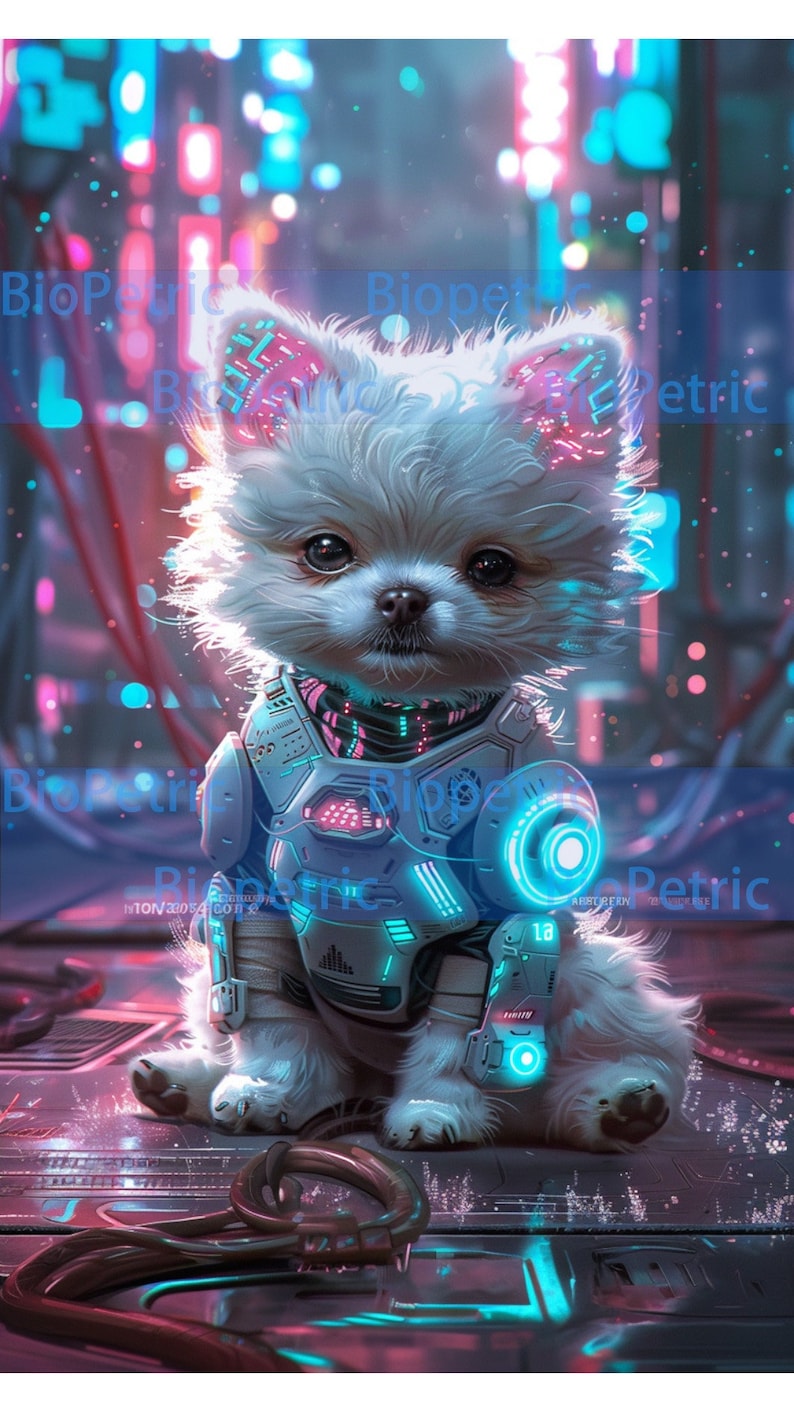 Adorable Cyberpunk Pomeranian Art Print PNG JPG – Serious Fluffy White ...