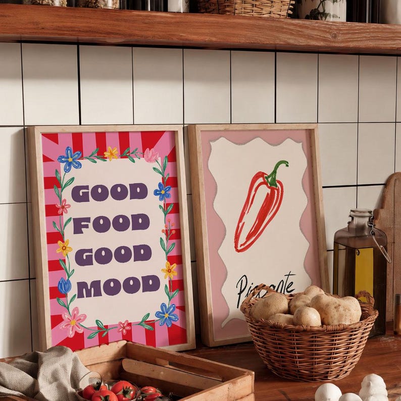 Good Food Good Mood Kitchen Print, Retro Floral Typography Poster ...