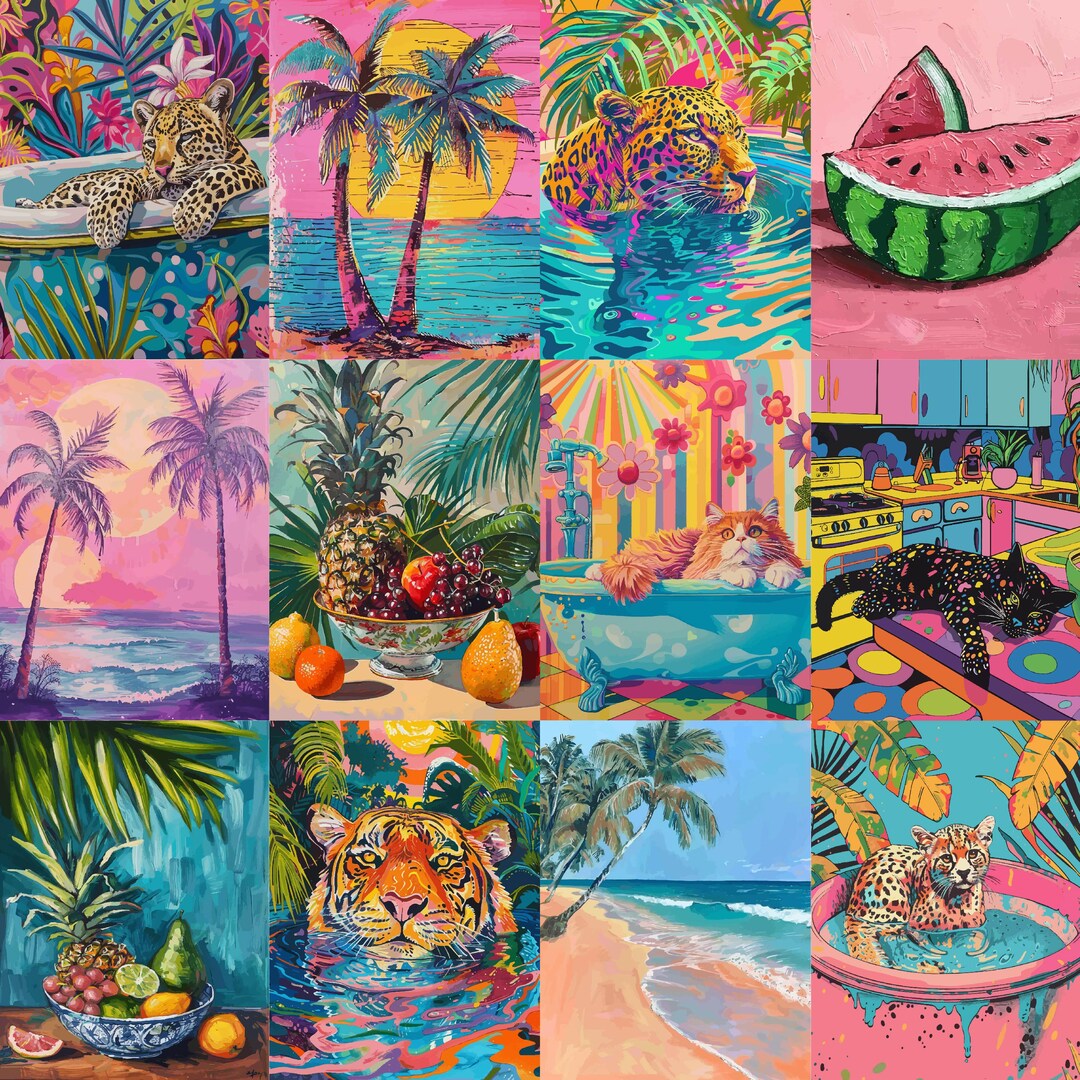 Set of 12 Summer Posters, 70s Retro Panther Print, Pink Tropical Wall ...