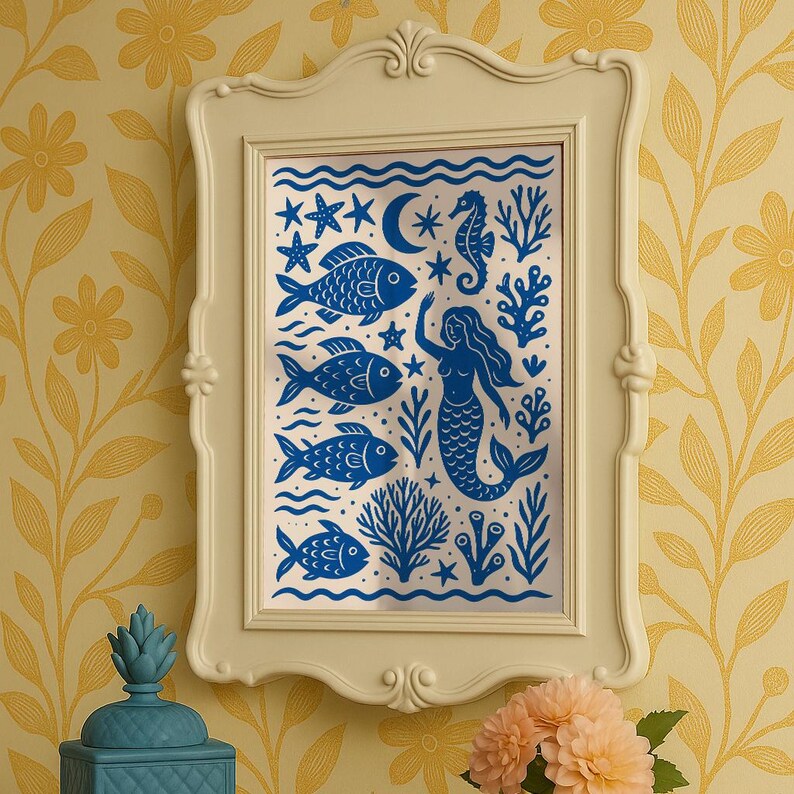 Pisces Mermaid Art Print: Blue & White Coastal Zodiac Poster - Etsy