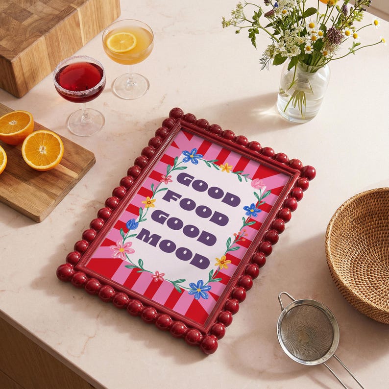 Good Food Good Mood Kitchen Print, Retro Floral Typography Poster ...