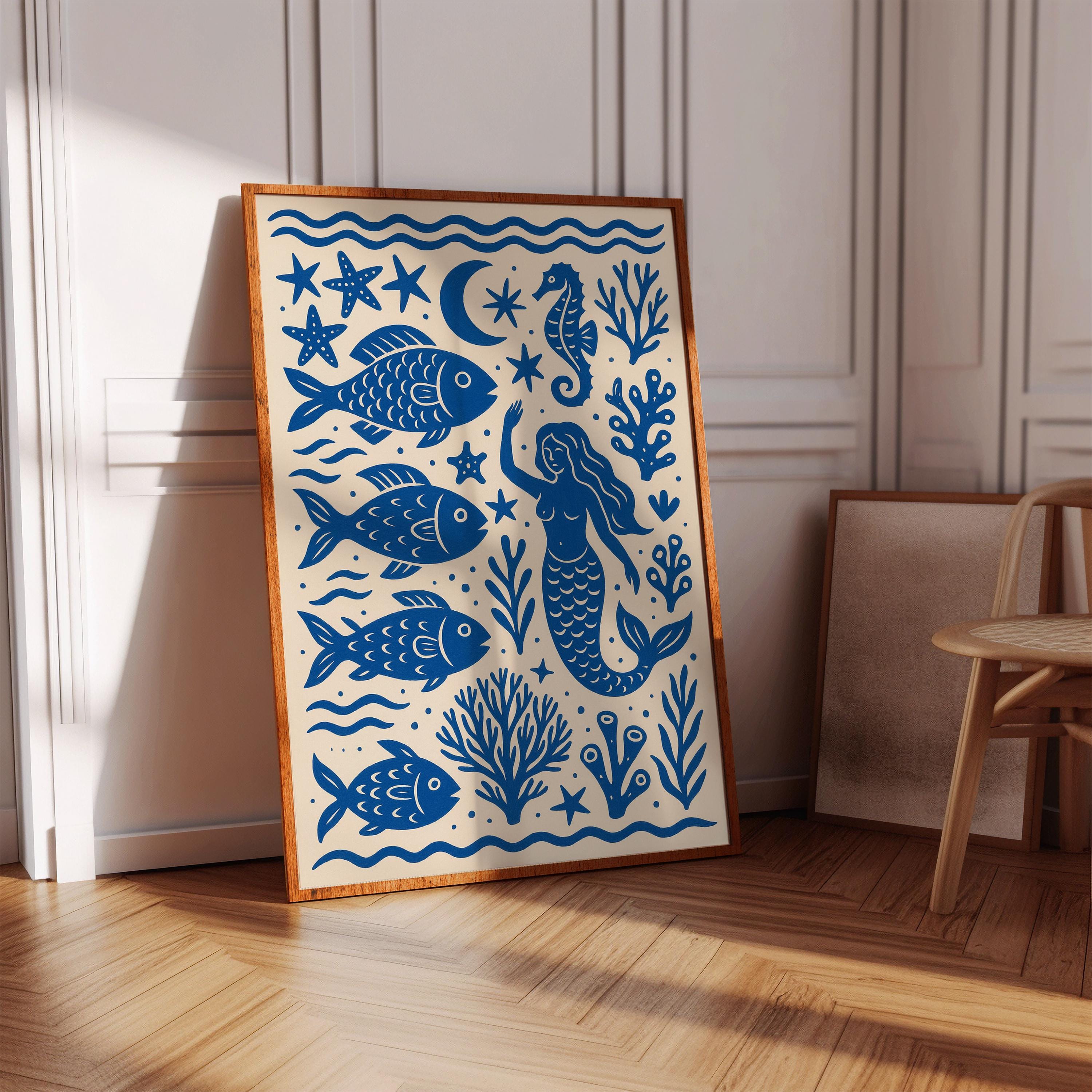 Pisces Mermaid Art Print: Blue & White Coastal Zodiac Poster - Etsy