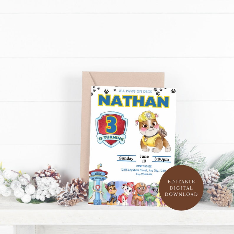 Editable Rubble Paw Patrol Invitation, Paw Patrol Party, Dog Invite ...