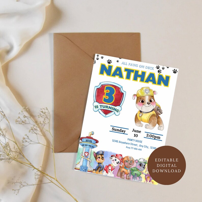 Editable Rubble Paw Patrol Invitation, Paw Patrol Party, Dog Invite ...