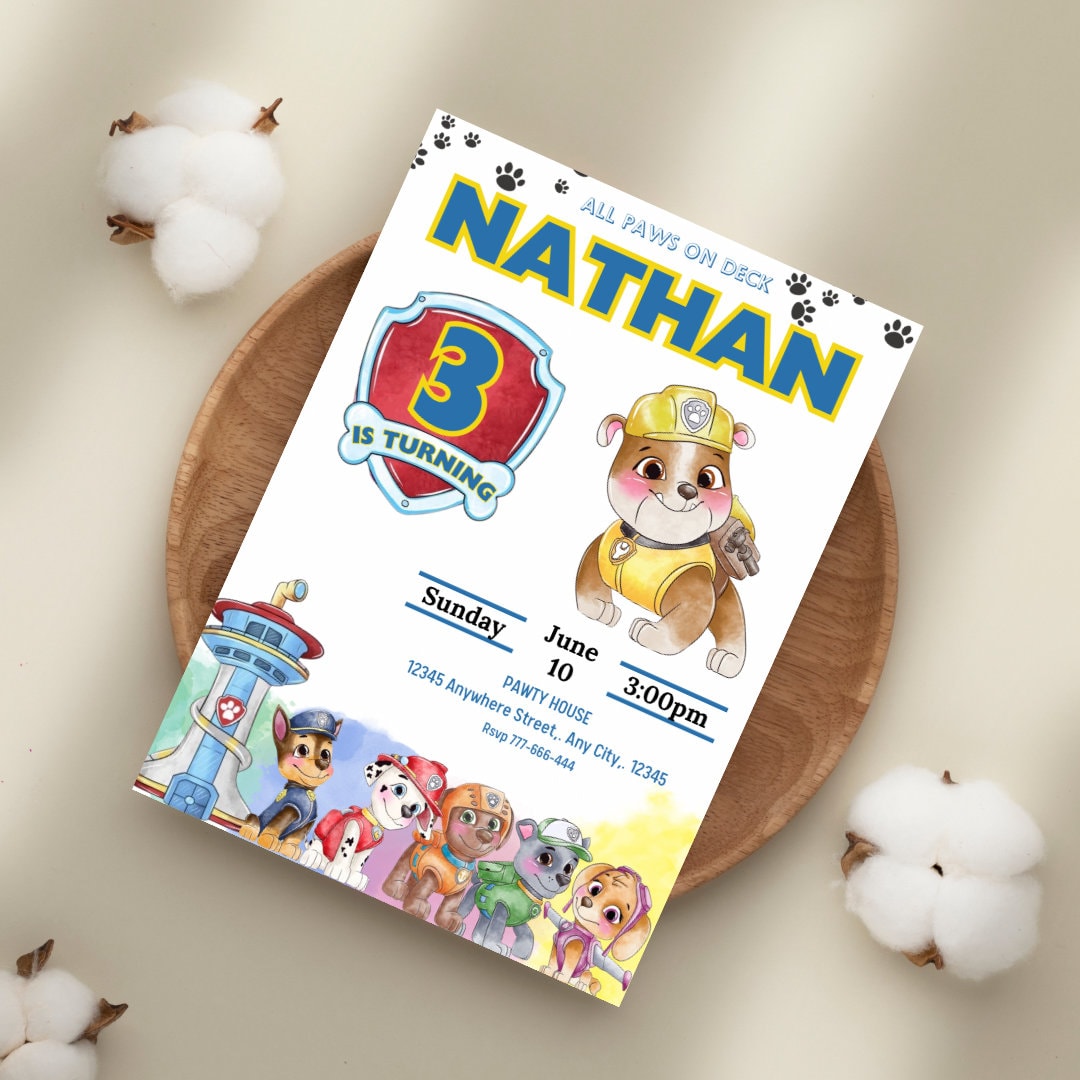 Editable Rubble Paw Patrol Invitation, Paw Patrol Party, Dog Invite ...