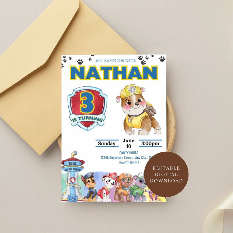 Editable Rubble Paw Patrol Invitation, Paw Patrol Party, Dog Invite ...
