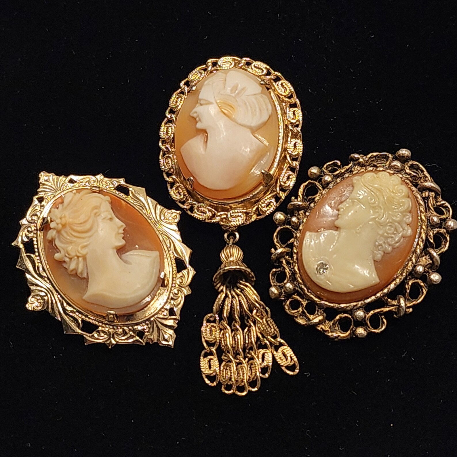Vintage Lot of 3 Carved Beautiful Lady Brooch Pins Cameo Pendants Gold ...