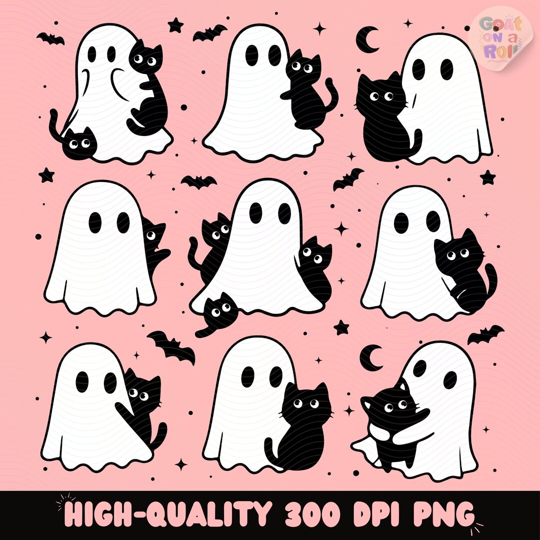 Cute Ghost With Black Cat Png, Retro Halloween Png, Spooky Season Png ...