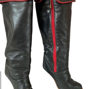 Ladies Zodiac Black and Red 6.5M Leather Knee High Cuff Boots, Circa ...
