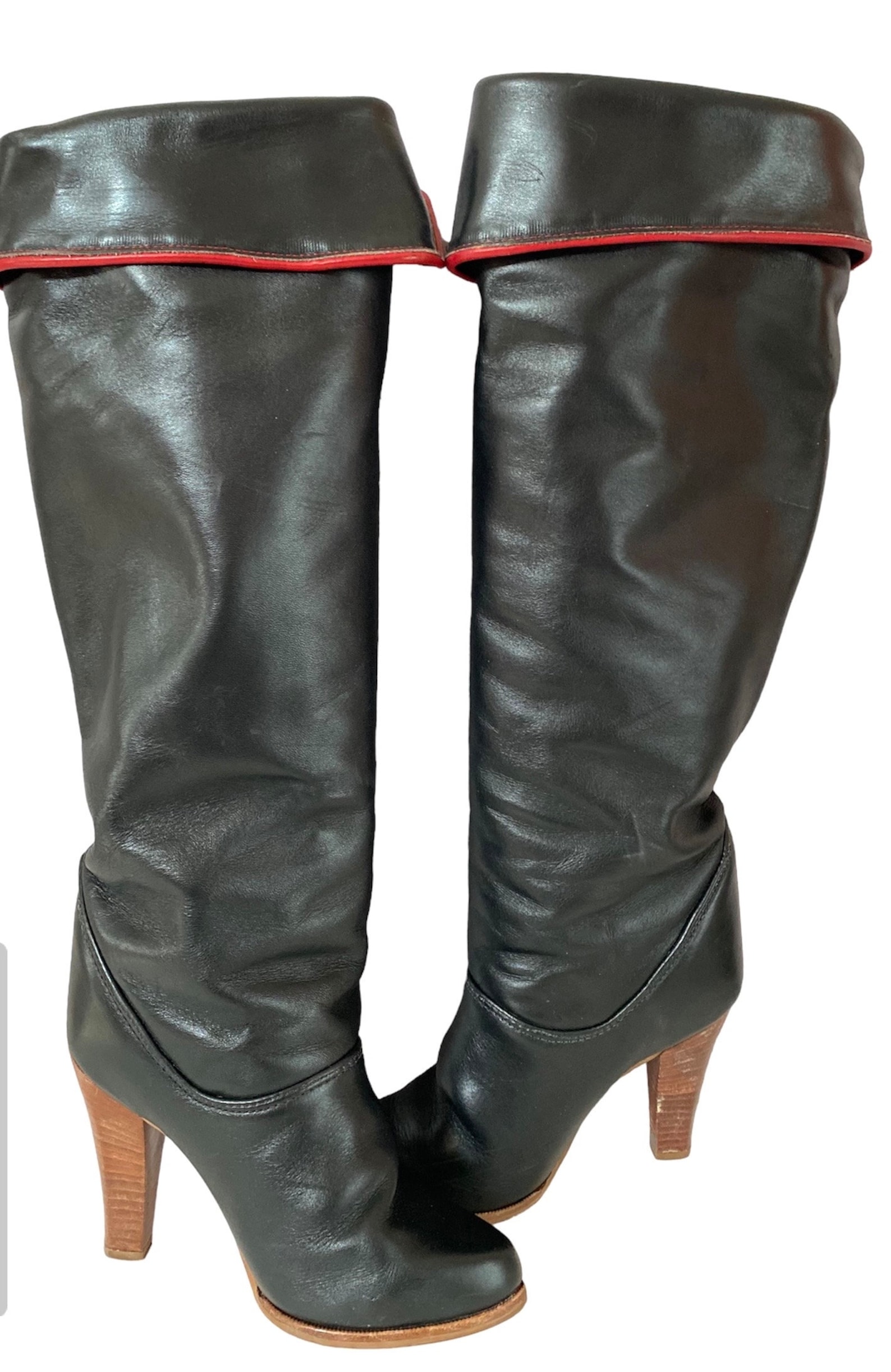 Ladies Zodiac Black and Red 6.5M Leather Knee High Cuff Boots, Circa ...