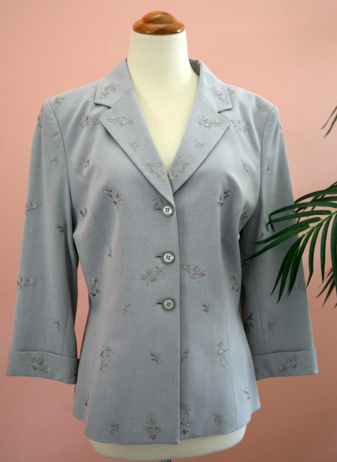 Ladies Light Silver Grey Blazer Embellished With Embroidered Flowers ...
