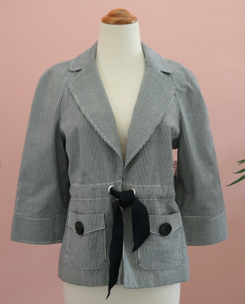 Denim and White Seersucker Tie Front Draw String Blazer Large Buttom ...